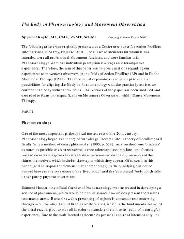 (PDF) The Body In Phenomenology And Movement Observation 2