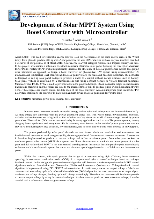 (PDF) Development of Solar MPPT System Using Boost Converter with Microcontroller