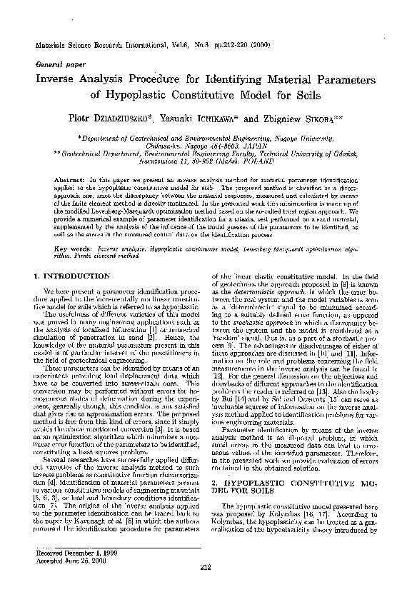 (PDF) Inverse Analysis Procedure for Identifying Material Parameters of Hypoplastic Constitutive ...
