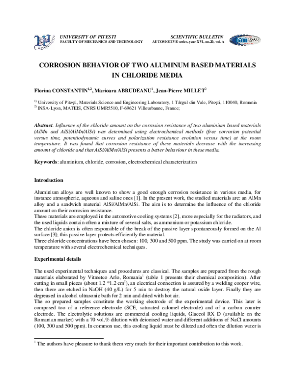 (PDF) Corrosion Behavior of Two Aluminum Based Materials in Chloride Media