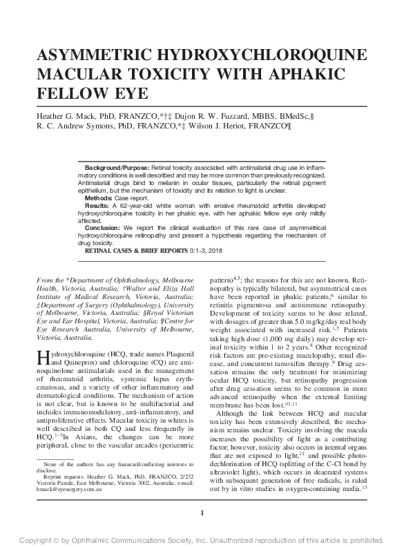 (PDF) Asymmetric Hydroxychloroquine Macular Toxicity with Aphakic ...
