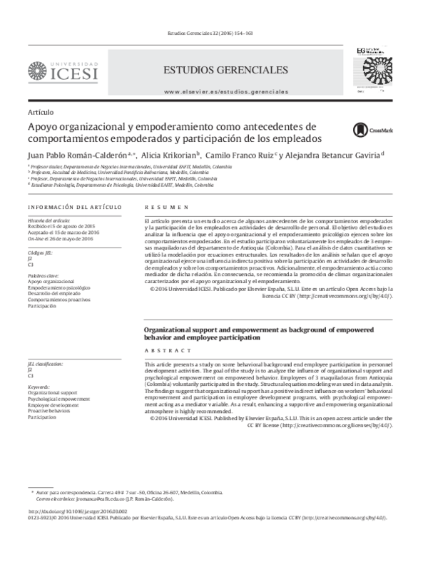 (PDF) Apoyo organizacional y empoderamiento como antecedentes de ...