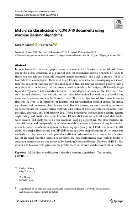 (PDF) Multi-class classification of COVID-19 documents using machine learning algorithms