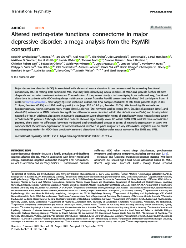 Pdf Altered Resting State Functional Connectome In Major Depressive Disorder A Mega Analysis