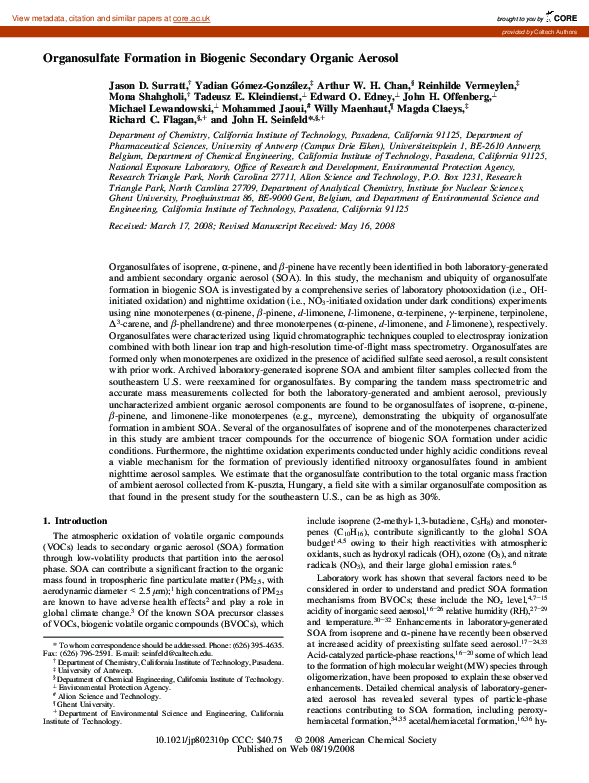 (PDF) Organosulfate Formation in Biogenic Secondary Organic Aerosol