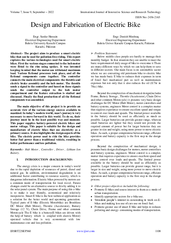 (PDF) Design and Fabrication of Electric Bike