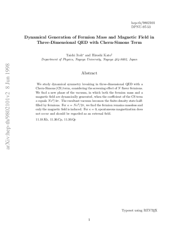 (PDF) Dynamical Generation of Fermion Mass and Magnetic Field in Three ...