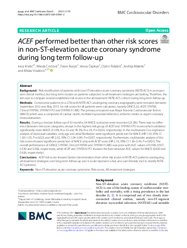 (PDF) ACEF performed better than other risk scores in non-ST-elevation ...