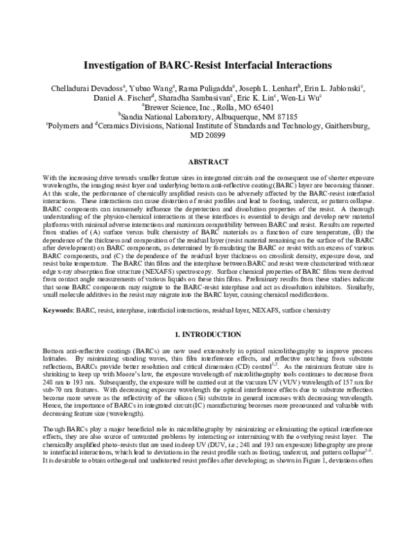 (PDF) Investigation of BARC-Resist Interfacial Interactions