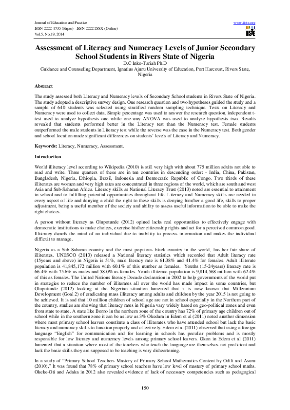(PDF) Assessment of Literacy and Numeracy Levels of Junior Secondary ...
