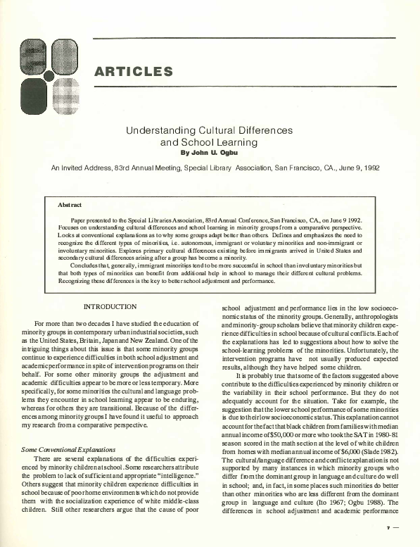 (PDF) Understanding Cultural Differences and School Learning