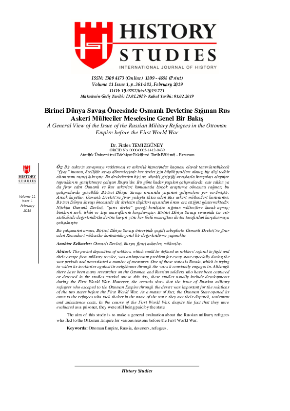 (PDF) Birinci Dünya Savaşı Öncesinde Osmanlı Devletine Sığınan Rus ...
