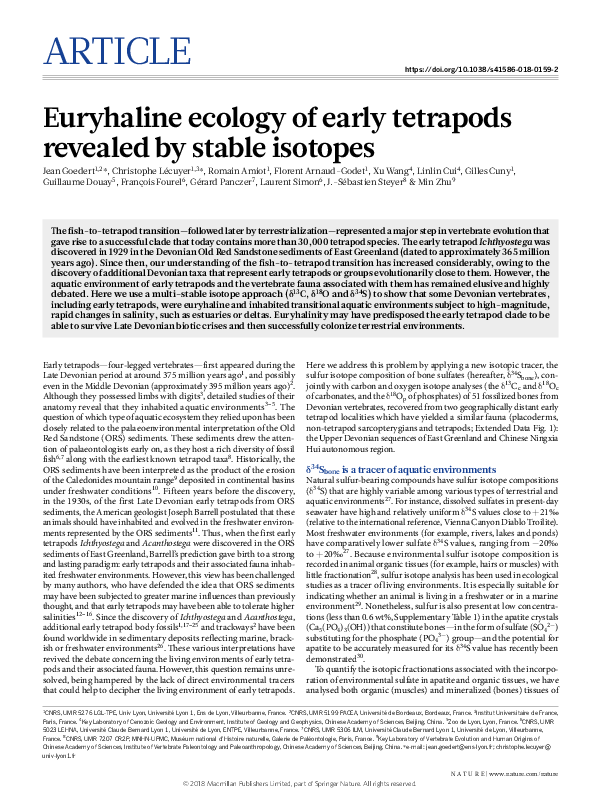 (PDF) Euryhaline ecology of early tetrapods revealed by stable isotopes