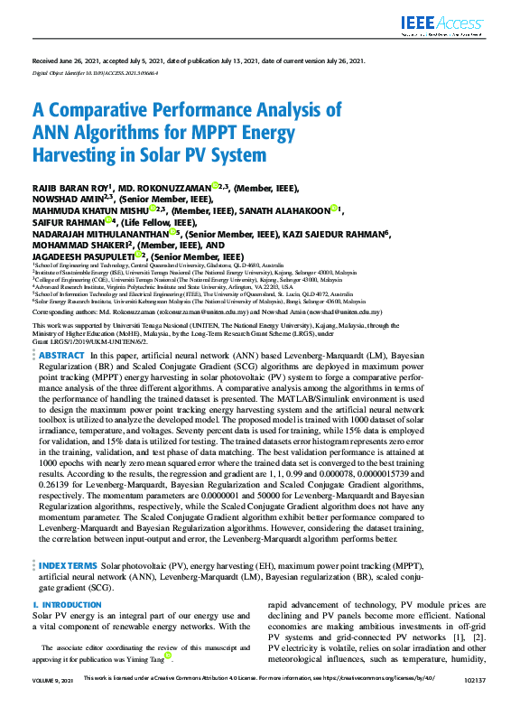 Pdf A Comparative Performance Analysis Of Ann Algorithms For Mppt