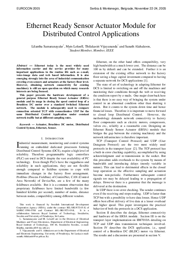 Ethernet Ready Sensor Actuator Module for Distributed Control Applications