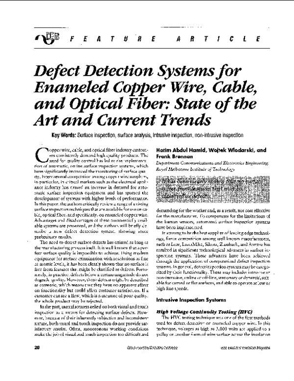 (PDF) Defect detection systems for enameled copper wire, cable, and optical fiber: state of the ...