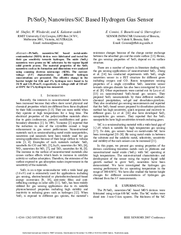 (PDF) Pt/SnO 2 Nanowires/SiC Based Hydrogen Gas Sensor