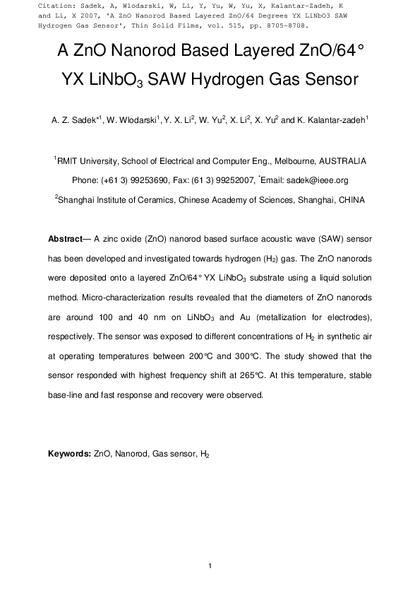 (PDF) A ZnO nanorod based layered ZnO/64° YX LiNbO3 SAW hydrogen gas sensor