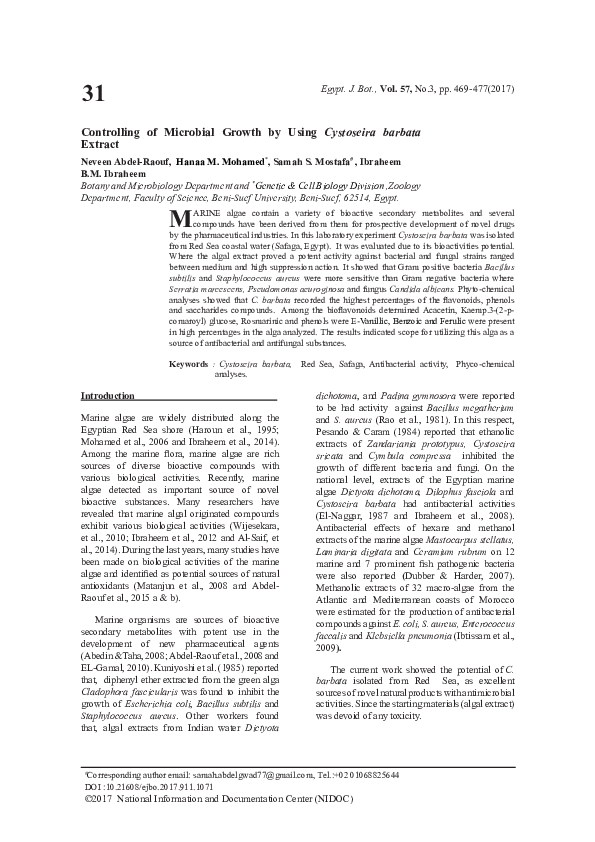 (PDF) Controlling of Microbial Growth by Using Cystoseira barbata Extract