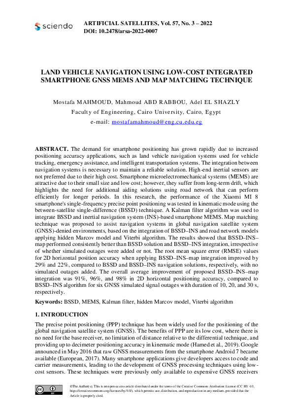 (PDF) Land Vehicle Navigation Using Low-Cost Integrated Smartphone GNSS Mems and Map Matching ...