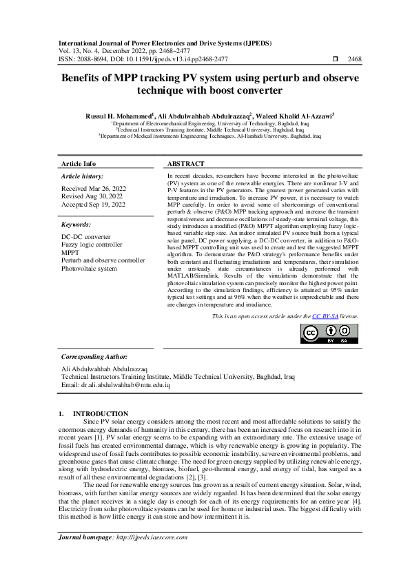 (PDF) Benefits of MPP tracking PV system using perturb and observe ...