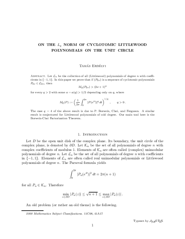 (PDF) Lq Norms of Cyclotomic Littlewood Polynomials
