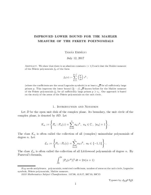 (PDF) Improved Lower Bound for the Mahler Measure of the Fekete Polynomials