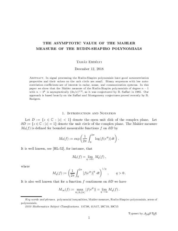 (PDF) The asymptotic value of the Mahler measure of the Rudin-Shapiro polynomials