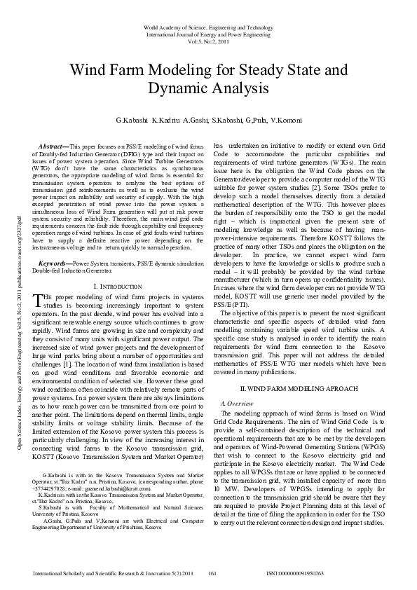 (PDF) Wind Farm Modeling For Steady State And Dynamic Analysis