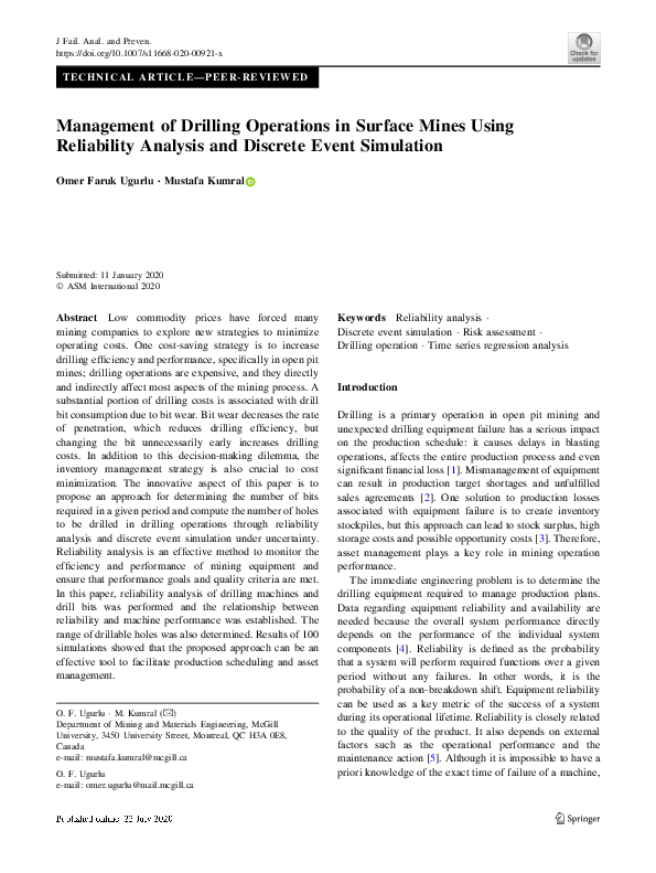 (PDF) Management of Drilling Operations in Surface Mines Using Reliability Analysis and Discrete ...