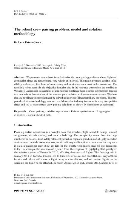 (PDF) The robust crew pairing problem: model and solution methodology