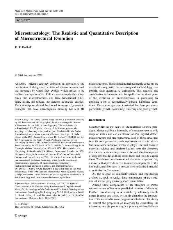 (PDF) Microstructology: The Realistic and Quantitative Description of Microstructural Evolution