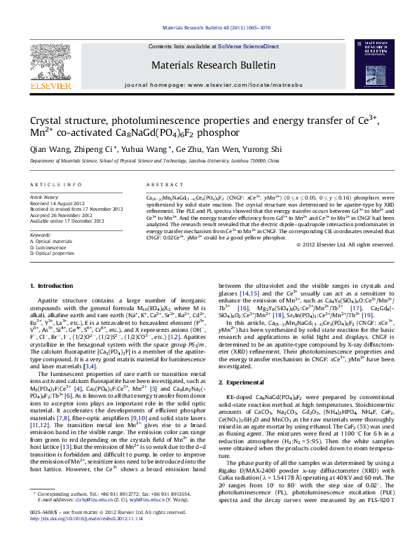 (PDF) Crystal structure, photoluminescence properties and energy transfer of Ce3+, Mn2+ co ...