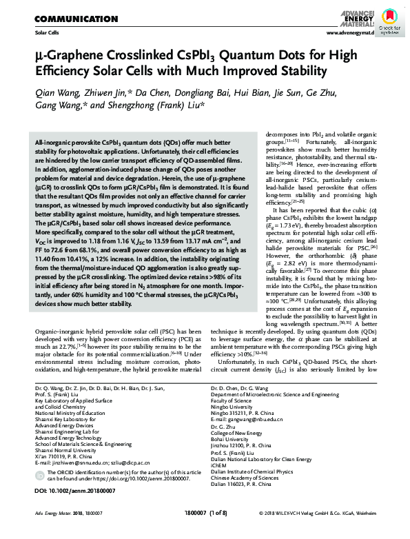 (PDF) µ-Graphene Crosslinked CsPbI3 Quantum Dots for High Efficiency Solar Cells with Much ...