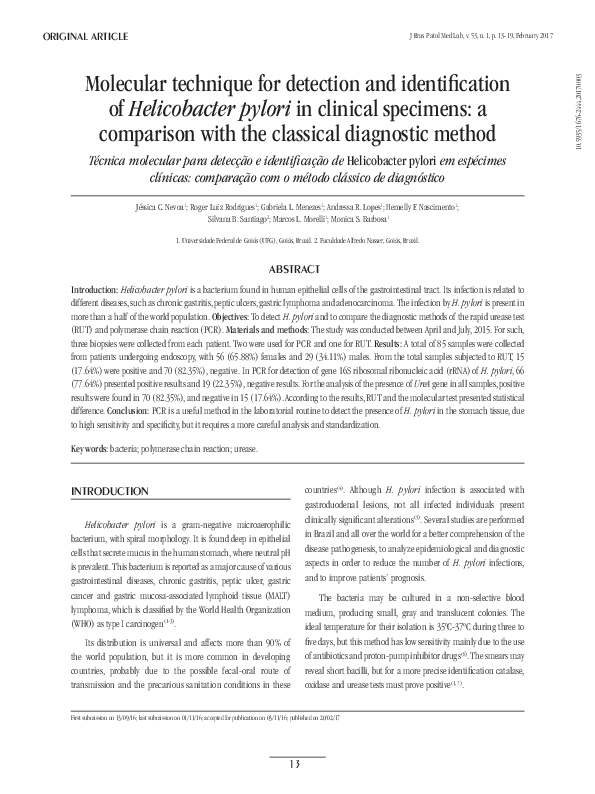 (PDF) Molecular technique for detection and identification of Helicobacter pylori in clinical ...