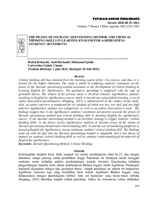 Pdf The Praxis Of Socratic Questioning Method And Critical Thinking Skills In Learning English