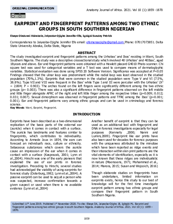 (PDF) Earprint and fingerprint patterns among two ethnic groups in ...