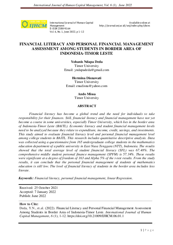 (PDF) Financial Literacy and Personal Financial Management Assessment among Students in Border ...