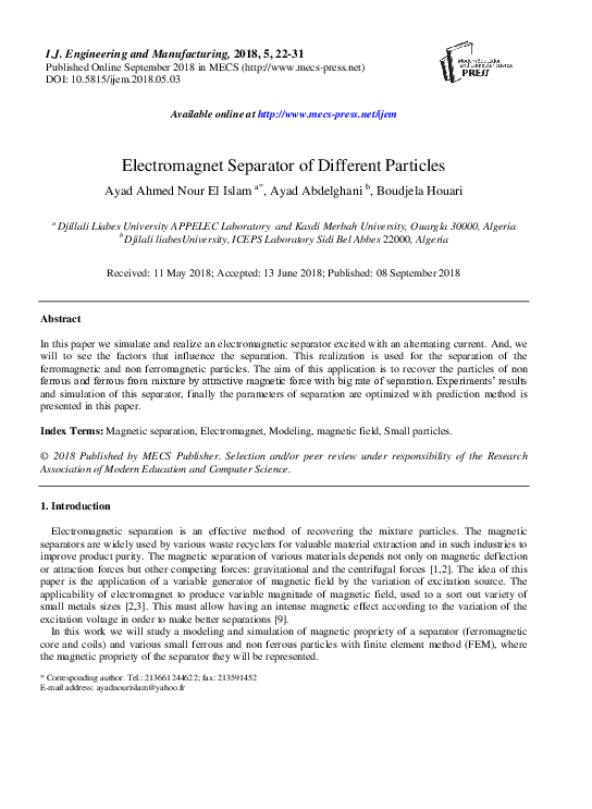 (PDF) Electromagnet Separator of Different Particles