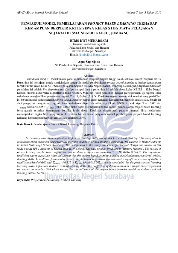 (PDF) Pengaruh Model Pembelajaran Project Based Learning Terhadap Kemampuan Berpikir Kritis ...