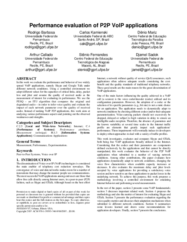 Pdf Performance Evaluation Of P2p Voip Application