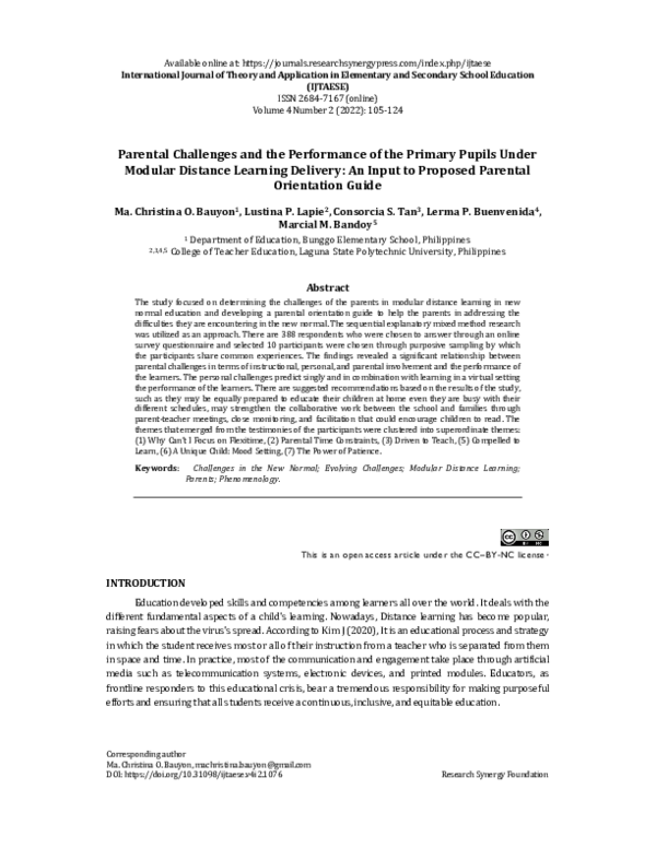 (PDF) Parental Challenges and the Performance of the Primary Pupils Under Modular Distance ...