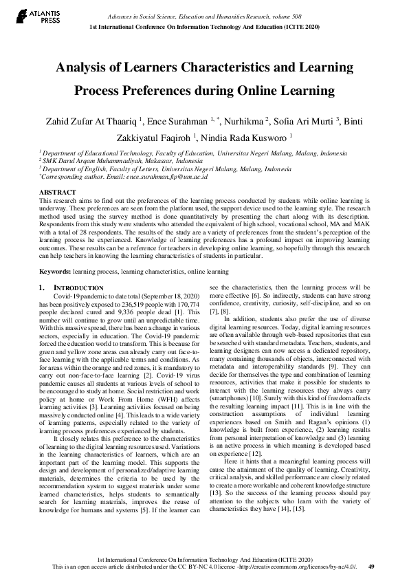 (PDF) Analysis of Learners Characteristics and Learning Process Preferences during Online Learning