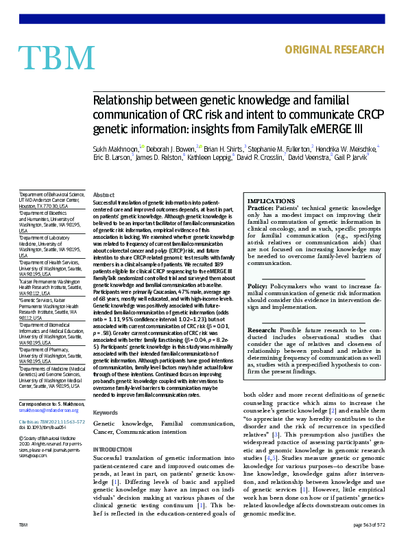 (PDF) Relationship between genetic knowledge and familial communication ...