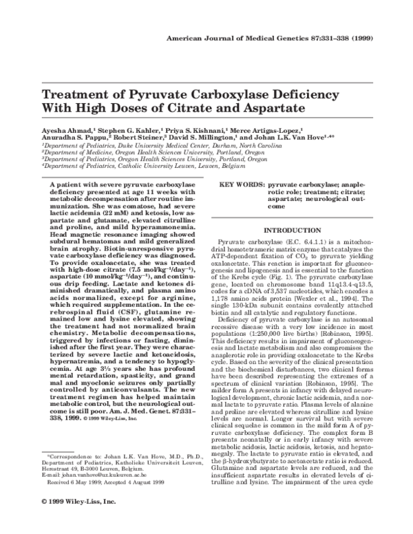 (PDF) Treatment of pyruvate carboxylase deficiency with high doses of ...