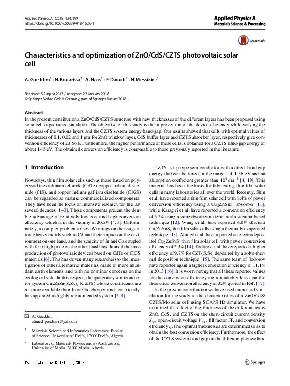(PDF) Characteristics and optimization of ZnO/CdS/CZTS photovoltaic ...