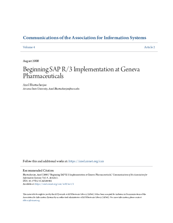 (PDF) Beginning SAP R/3 Implementation at Geneva Pharmaceuticals