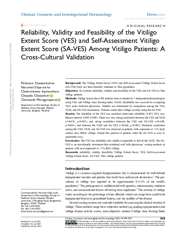 (PDF) Reliability, Validity and Feasibility of the Vitiligo Extent ...