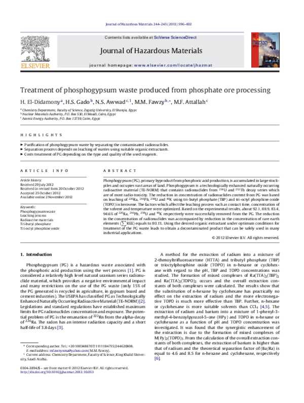 (PDF) Treatment of phosphogypsum waste produced from phosphate ore ...