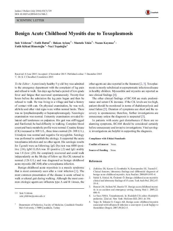 (PDF) Benign Acute Childhood Myositis due to Toxoplasmosis